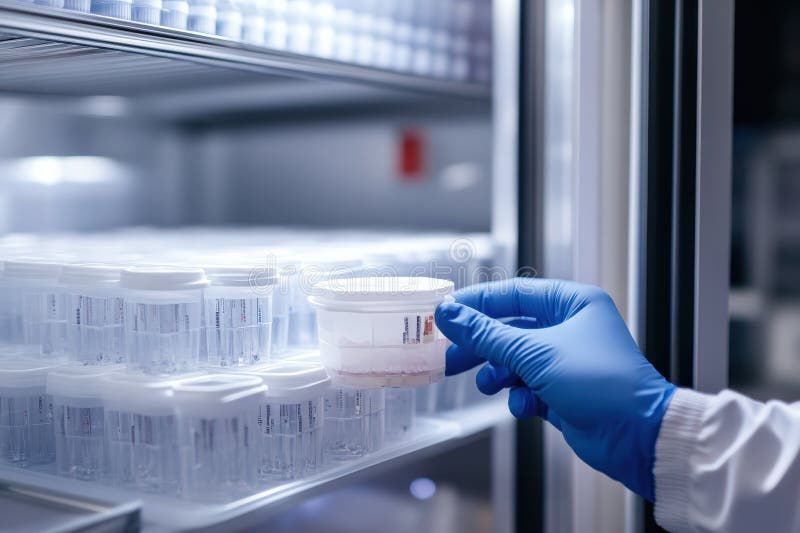 A Gloved Hand Retrieves a Sample Container from a Refrigerated Storage ...