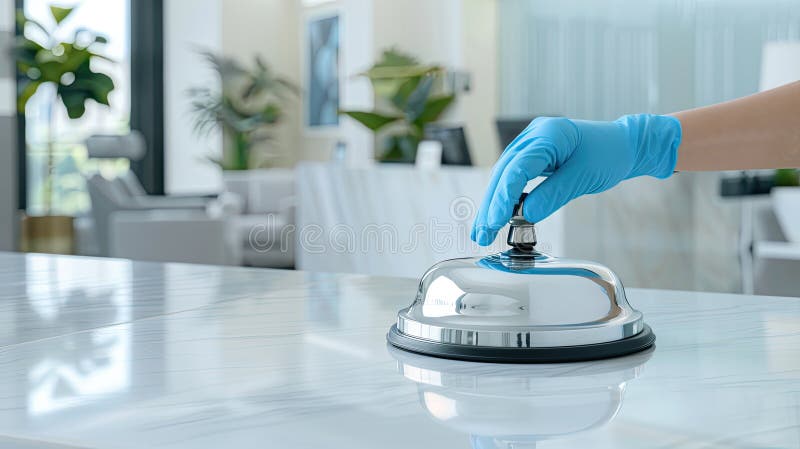 A Gloved Hand Rings a Silver Service Bell on a Countertop in a Modern ...