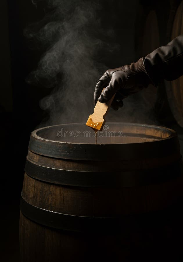 Gloved Hand Sampling Dark Liquid from Wooden Barrel Stock Illustration ...