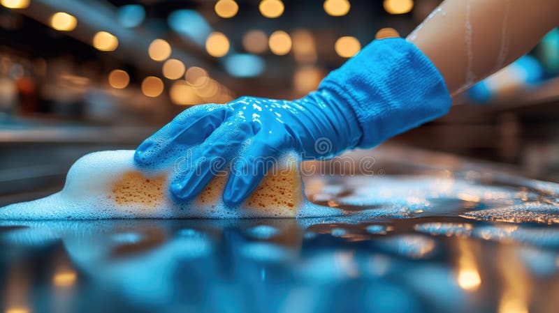 Gloved Hand Scrubbing a Surface with Soap in a Kitchen Setting Stock ...