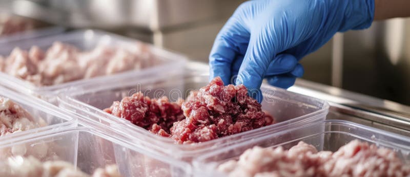 Gloved Hand Selecting Ground Meat in a Commercial Kitchen Stock ...