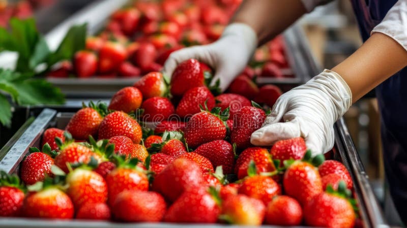 Gloved Hand Sorting Fresh Red Strawberries in a Crate Stock ...