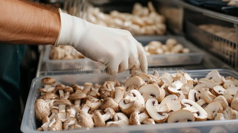 Gloved Hand Sorting Fresh Sliced Mushrooms Stock Illustration ...
