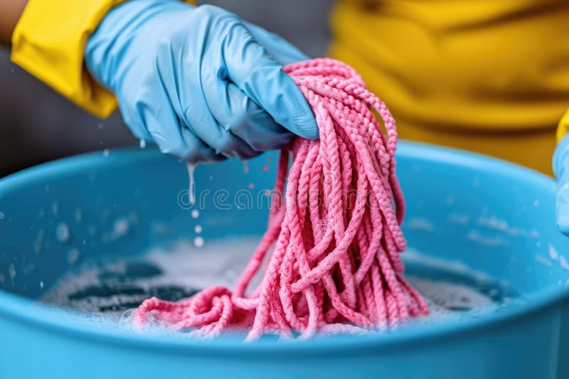 A Gloved Hand Squeezes Pink Yarn Over a Blue Basin Filled with Soapy ...