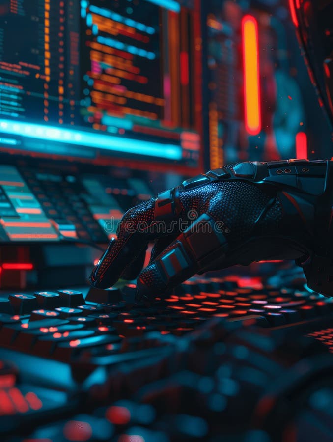 Gloved Hand Typing on a Keyboard with Code on Screens in the Background ...