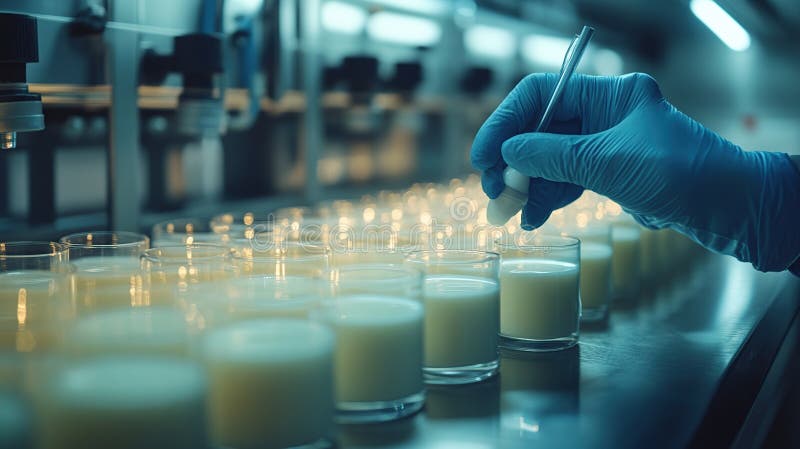 Gloved Hand Using Swab To Test Samples of Milk in Glass Containers on a ...
