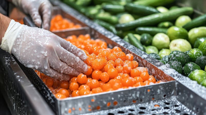 Gloved Hand Washing Orange Spheres in a Food Processing Line Stock ...