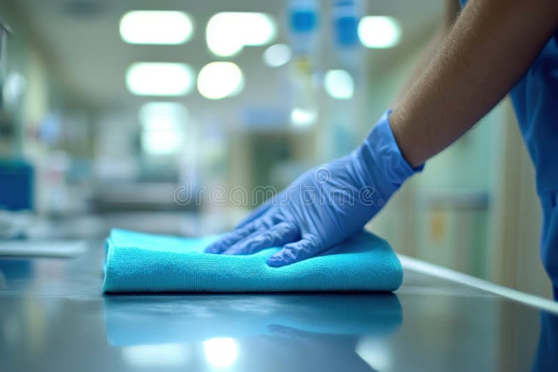 A Gloved Hand Wipes a Surface with a Blue Cloth in a Medical or ...
