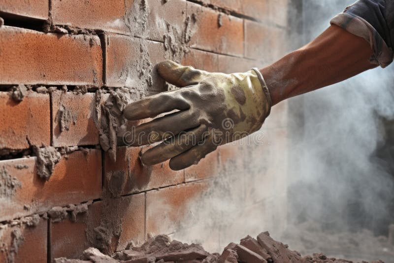 Gloved Hand Wiping Dust Off a Brick on a Construction Site Stock ...