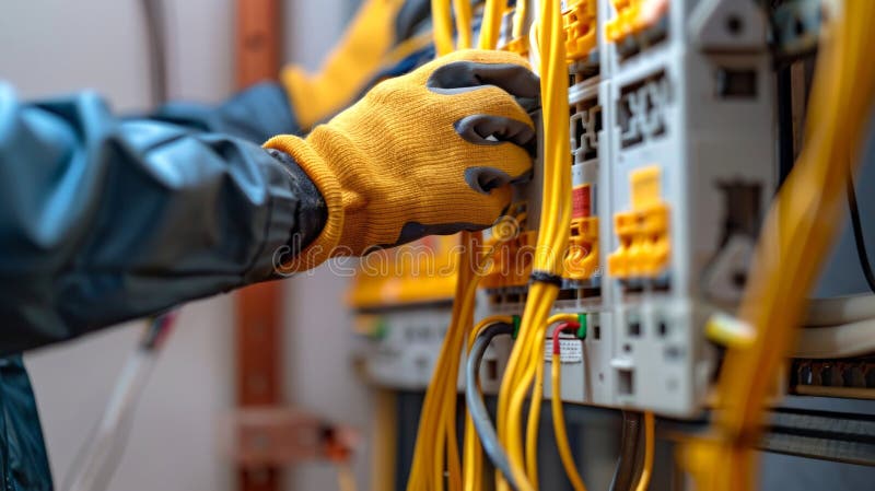 Gloved Hands Adjusting Electrical Wiring in a Circuit Breaker Panel. Concept of Electrician Work ...