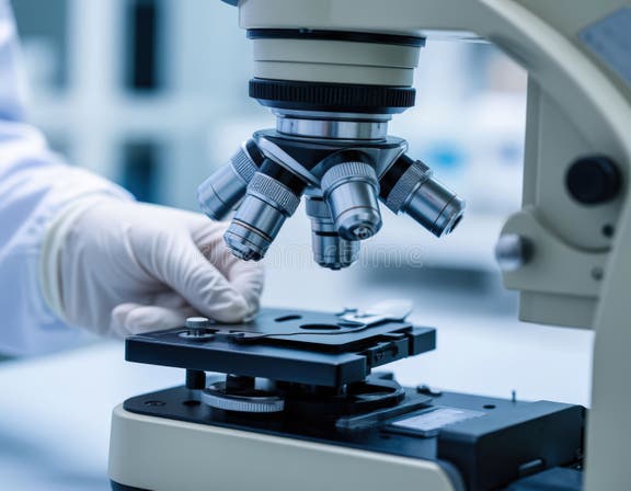 Gloved Hands Adjusting Laboratory Microscope Focus. Stock Photo - Image ...