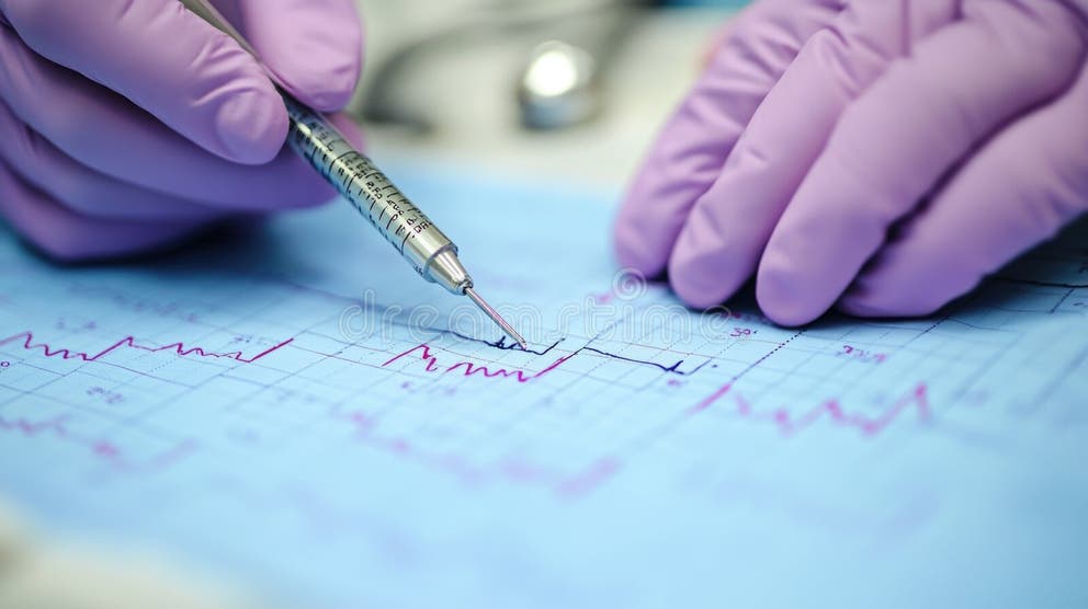 Gloved Hands Analyzing Medical Graph with Pen on Blue Chart Stock Photo ...