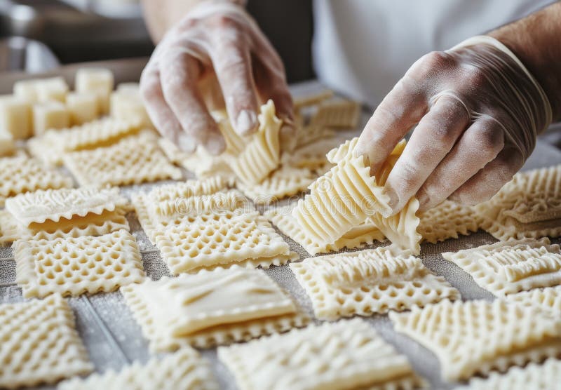 Gloved Hands Arranging Embossed Pasta Dough Squares Stock Illustration ...