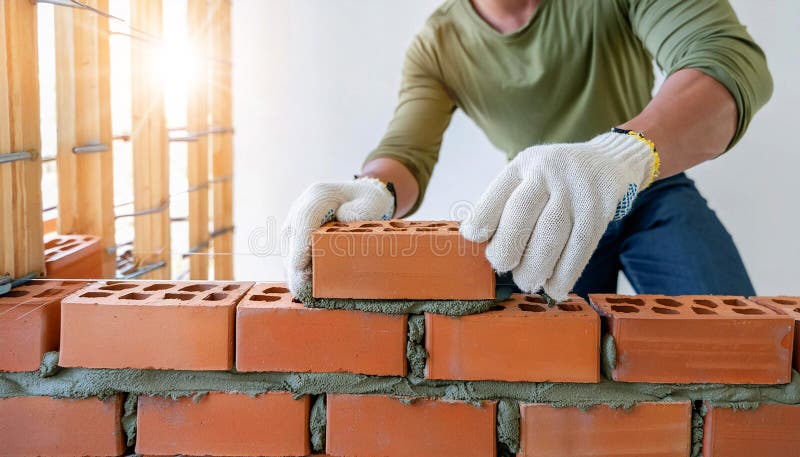 Gloved Hands of a Bricklayer Laying a Clay Brick on Brick Wall Under ...