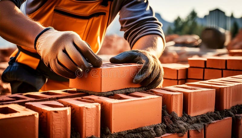 Gloved Hands of a Bricklayer Laying a Clay Brick on Brick Wall Under ...