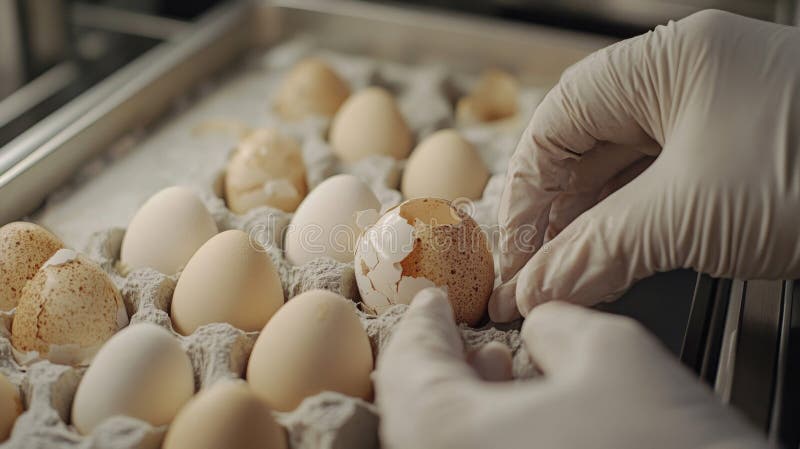 Gloved Hands Carefully Examine a Cracked Egg in a Carton Stock ...