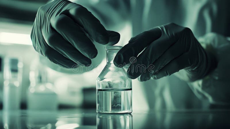 Gloved Hands Carefully Handling a Glass Reagent Bottle Stock ...