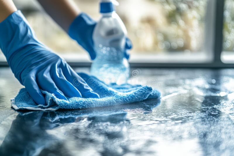 Gloved Hands Cleaning a Surface with Blue Cloth and Spray Bottle in ...