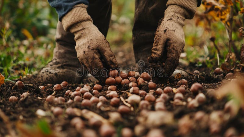 Gloved Hands Gathering Hazelnuts in Autumn Soil Stock Illustration ...