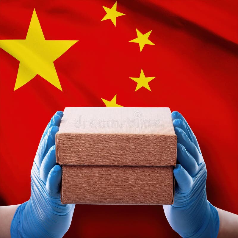 Hands Holding a Brown Box in Front of the Chinese Flag with Red and ...
