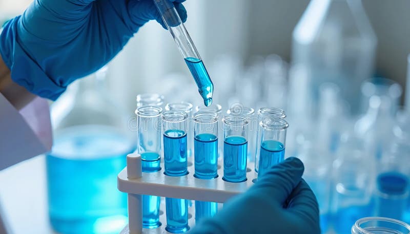 Using a Pipette To Transfer Blue Liquid into Test Tubes in a Laboratory ...