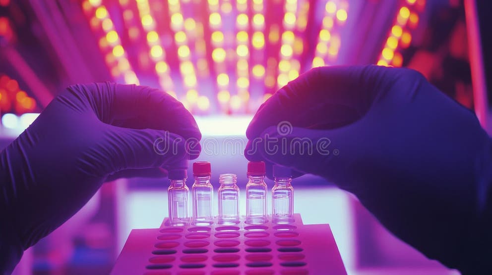 Gloved Hands Handling Sample Vials in a Laboratory Stock Illustration ...