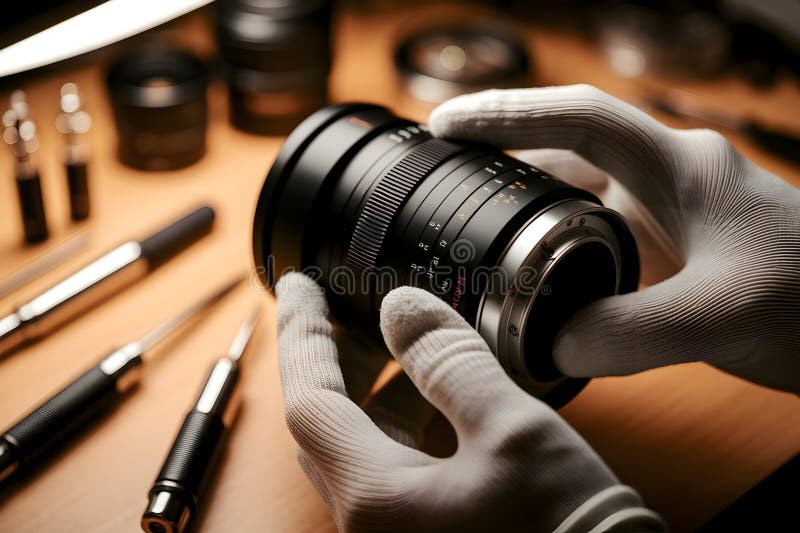 Closeup of Gloved Hands Holding a Damaged Camera Lens on a Workbench ...