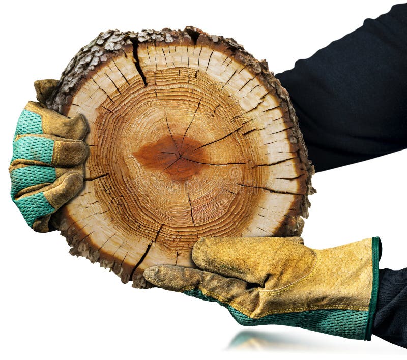 Gloved Hands Holding a Cross Section of a Tree Trunk Isolated on White ...