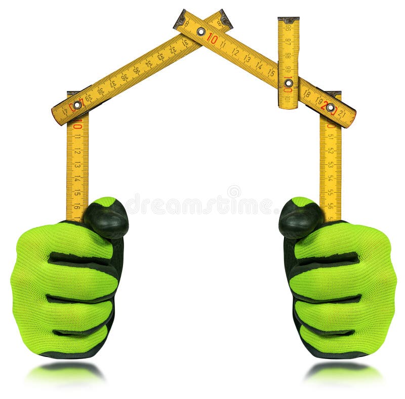 Gloved Hands Holding a Folding Ruler in the Shape of House - Isolated ...