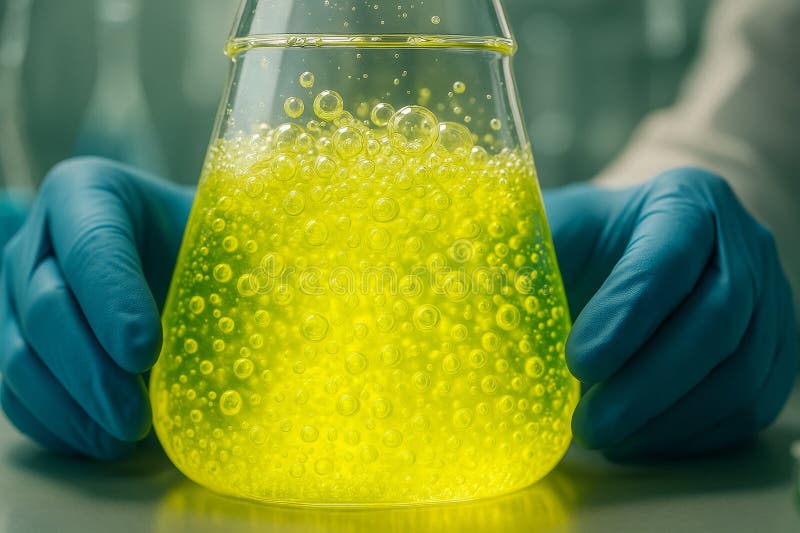 Gloved Hands Holding Laboratory Flask with Yellow Bubbling Liquid ...