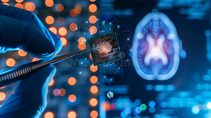 Gloved Hands Holding a Microchip with a Brain Image, Representing the ...