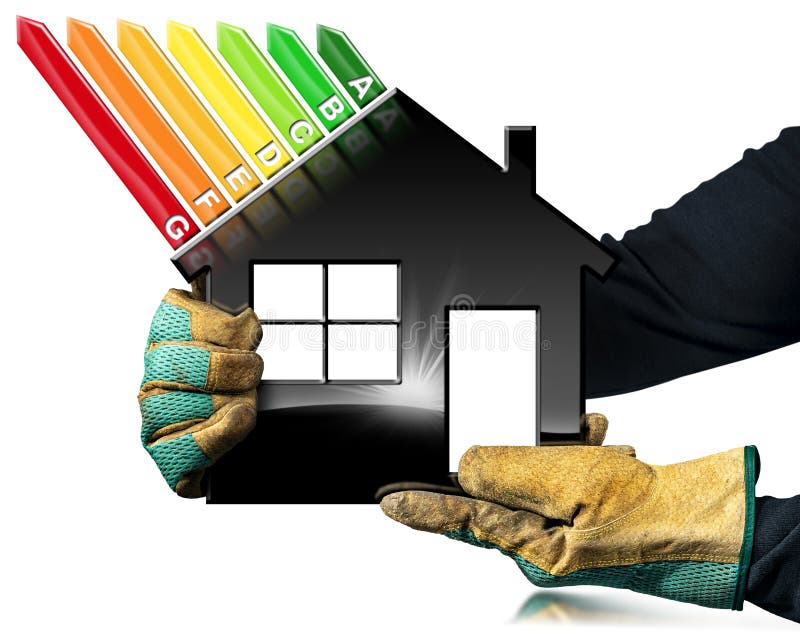Gloved Hands Holding a Model House with Energy Performance Chart Stock ...