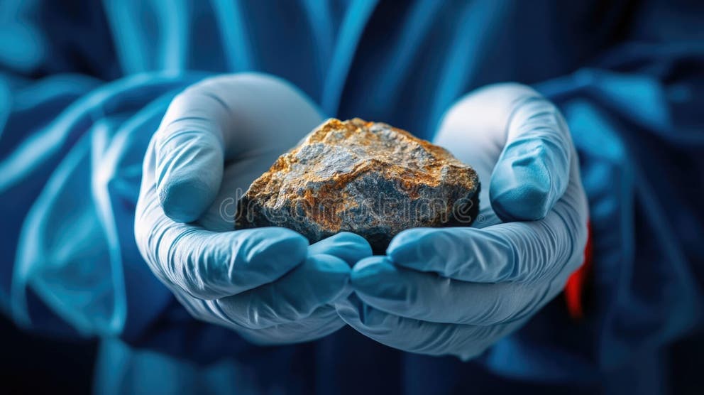 Gloved Hands Holding Rough Ore Specimen in Scientific Setting Stock ...