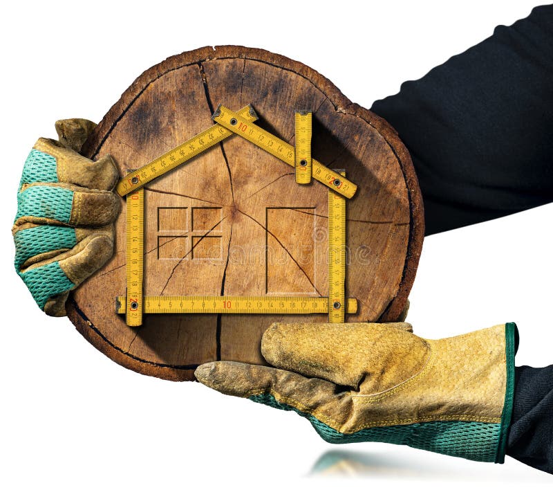 Gloved Hands Holding a Tree Trunk with a Folding Ruler in the Shape of ...