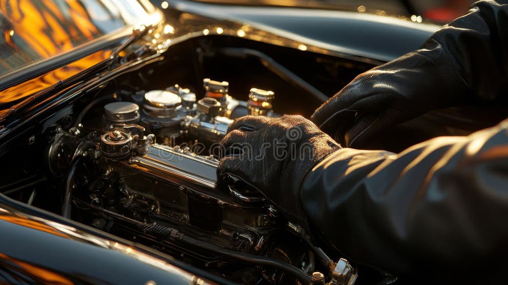 Gloved Hands Inspecting Classic Car Engine Stock Illustration ...