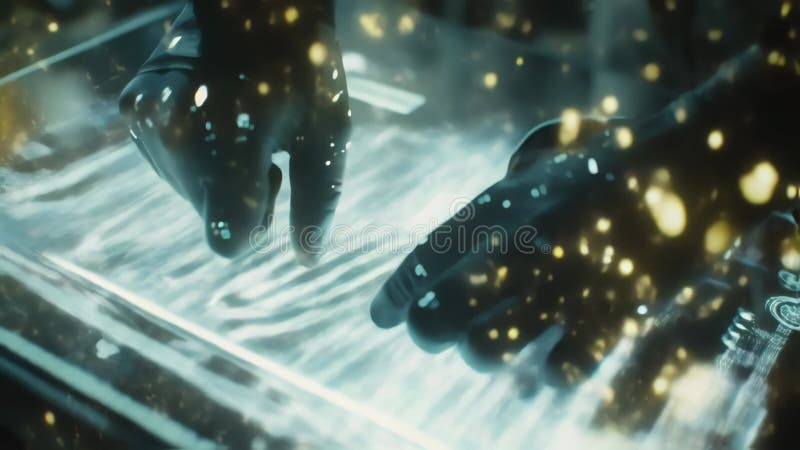 Technician Operating Futuristic Touchscreen Interface with Glowing Particles Stock Footage ...