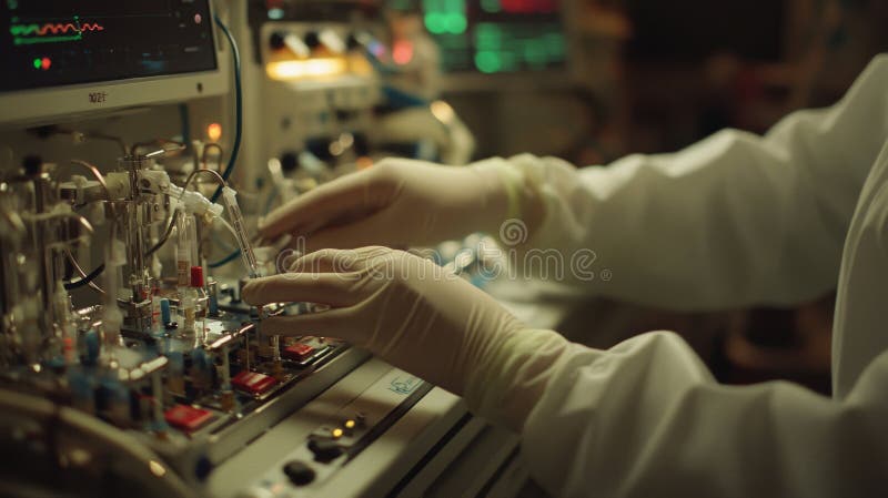 Gloved Hands Operate Complex Medical Laboratory Equipment Stock ...