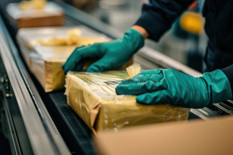 Worker Packaging Boxes on a Conveyor Belt in a Factory Stock Photo ...