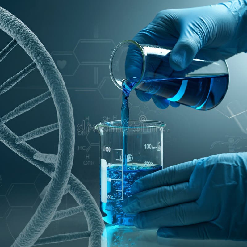 Gloved Hands Pouring Blue Liquid Science Experiment DNA Research Lab ...