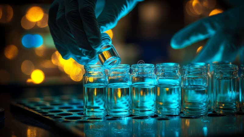 Gloved Hands Pouring Liquid into Small Glass Vials Stock Illustration ...