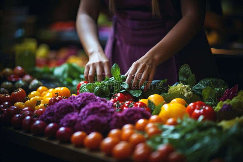 Gloved Hands Selecting Fresh Vegetables for Precise Slicing on Wooden ...