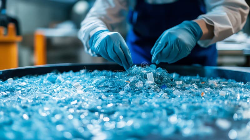 Gloved Hands Sorting Blue Recycled Plastic Material in Industrial ...