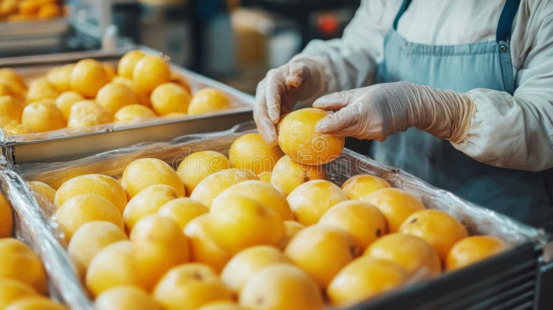 Gloved Hands Sorting Bright Yellow Fruits in a Packing Facility Stock ...