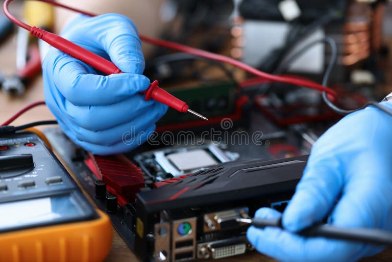 Gloved Hands, on Table Repair an Electronic Device Stock Image - Image ...