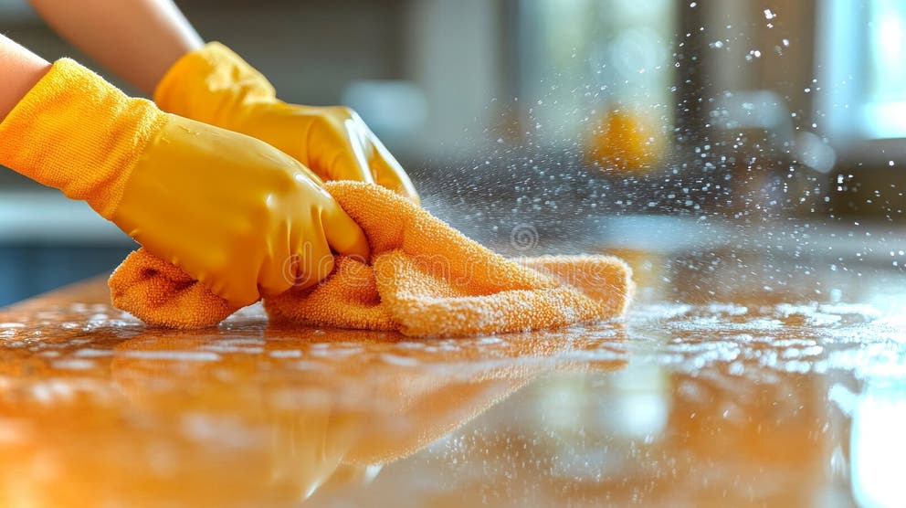 Gloved Hands Vigorously Spraying and Wiping Down a Kitchen Counter ...