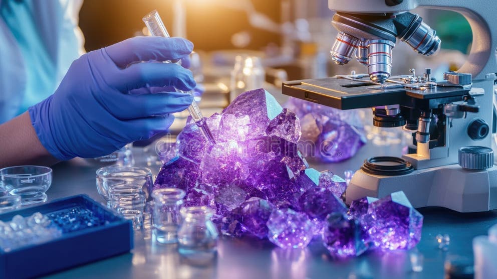 Gloved Scientist Examining Large Purple Crystals with Microscope in ...