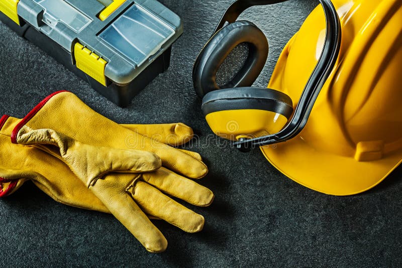 Gloves Earphones Helmet And Tool Box On Black Bacground Stock Image ...