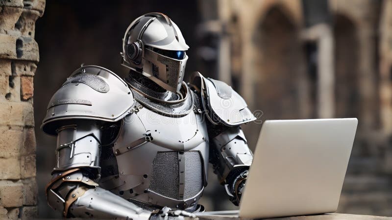 A Robotic Knight Working on Laptop, AI Latest Technology, AI Generated ...