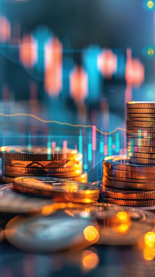 Glow of Dusk on Stacks of Coins Blurred Financial Chart Backdrop a ...
