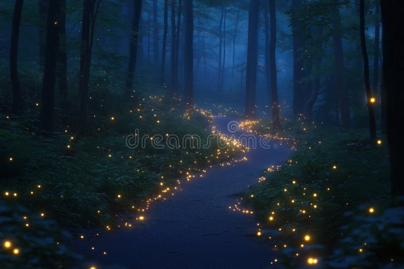 Glow of Fireflies Along a Winding Forest Path at Twilight Stock ...